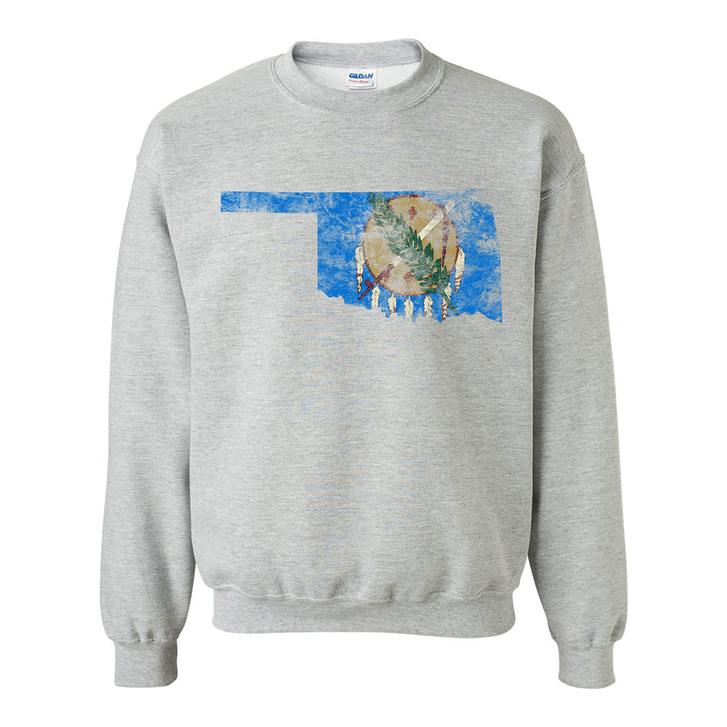 Oklahoma Distressed State Flag Outline Crewneck Sweatshirt - Sport Gre ...
