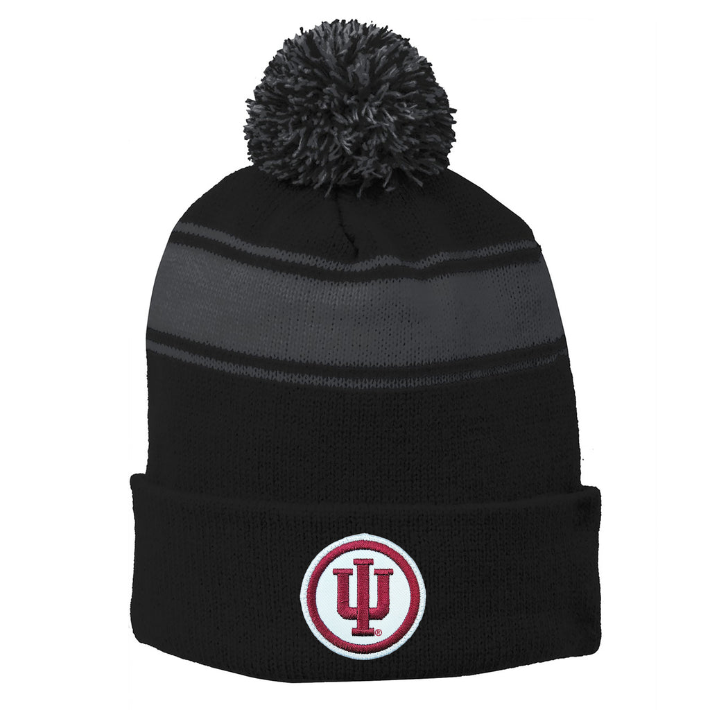 Indiana Circle Logo Patch Pom Pom Beanie - Black/Iron Grey ...
