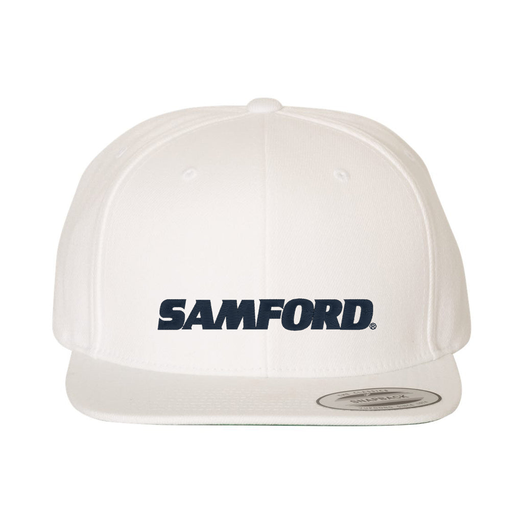 Samford Wordmark EMB Flat Bill Snapback Hat - White – Underground Printing